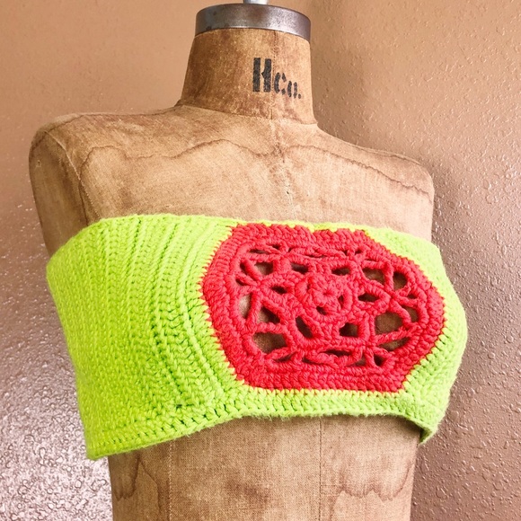 Vintage | Tops | Vintage 9s Neon Crochet Cut Out Corset Back Bandeau ...